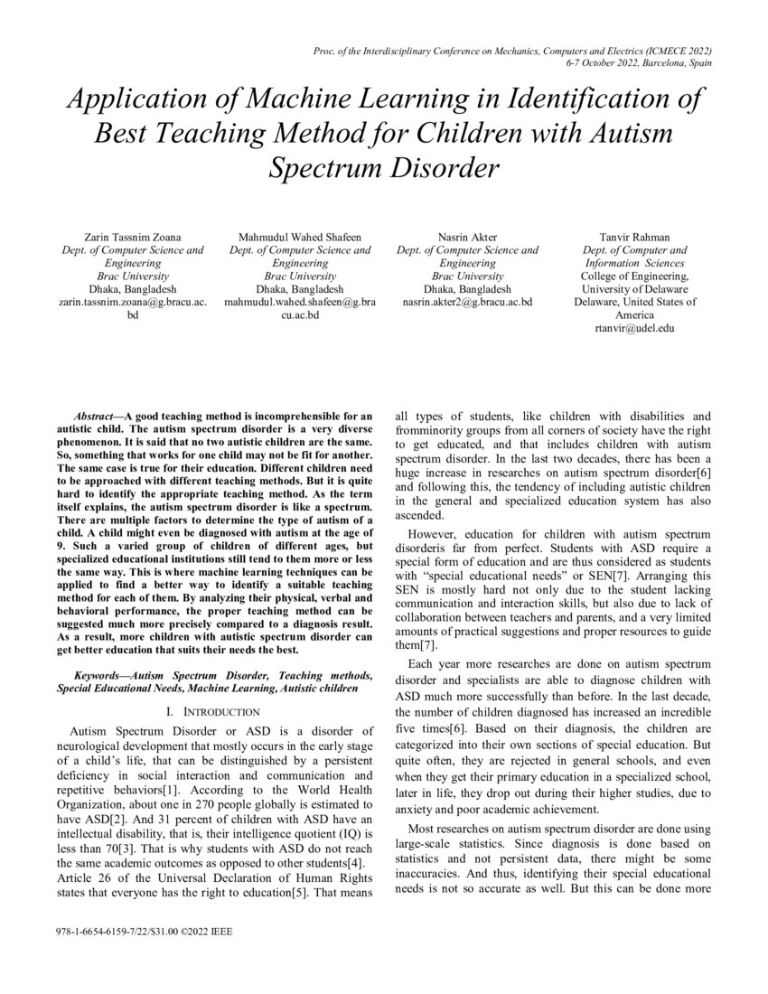 Application of Machine Learning in Identification of Best Teaching Method for Children with ...