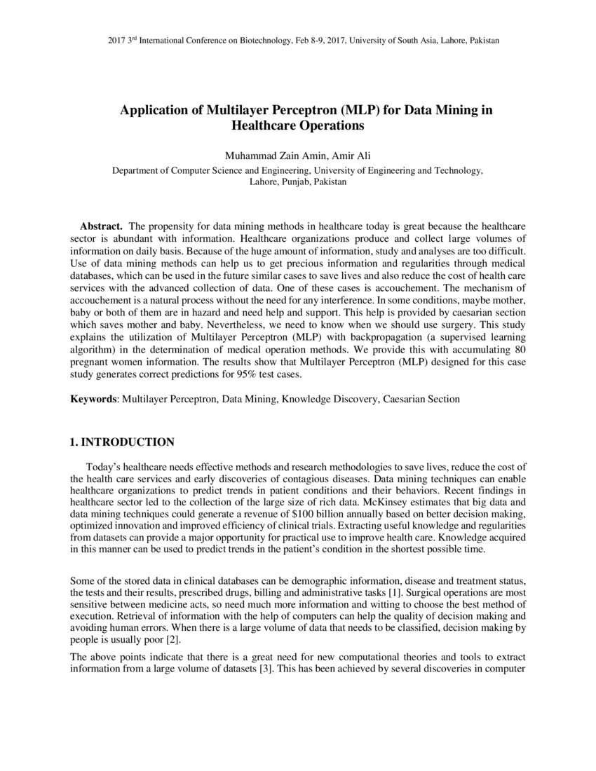 Application Of Multilayer Perceptron Mlp For Data Mining In Healthcare Operations Deepai