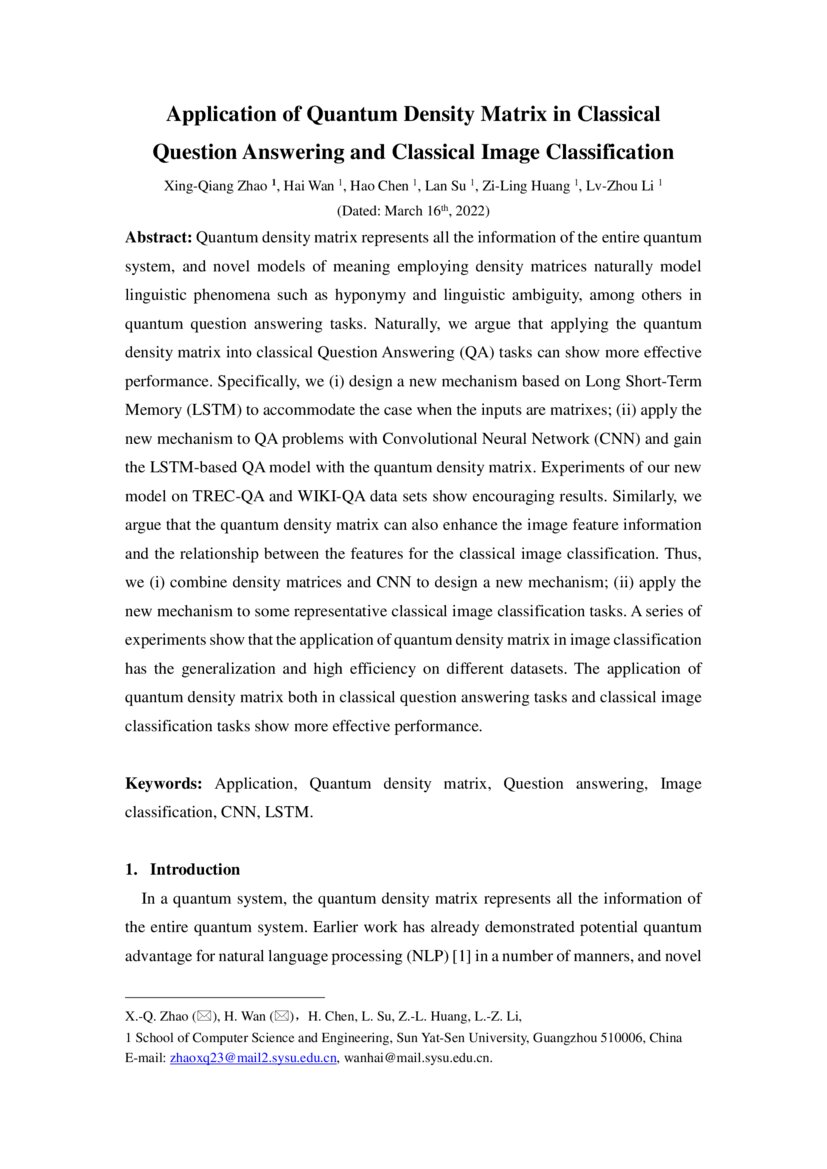 Application of Quantum Density Matrix in Classical Question Answering and Classical Image ...