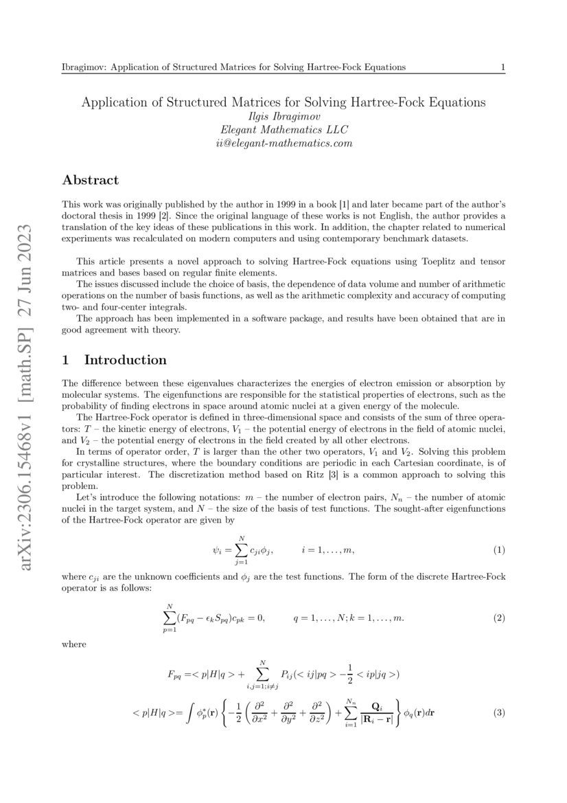 Application Of Structured Matrices For Solving Hartree Fock Equations Deepai