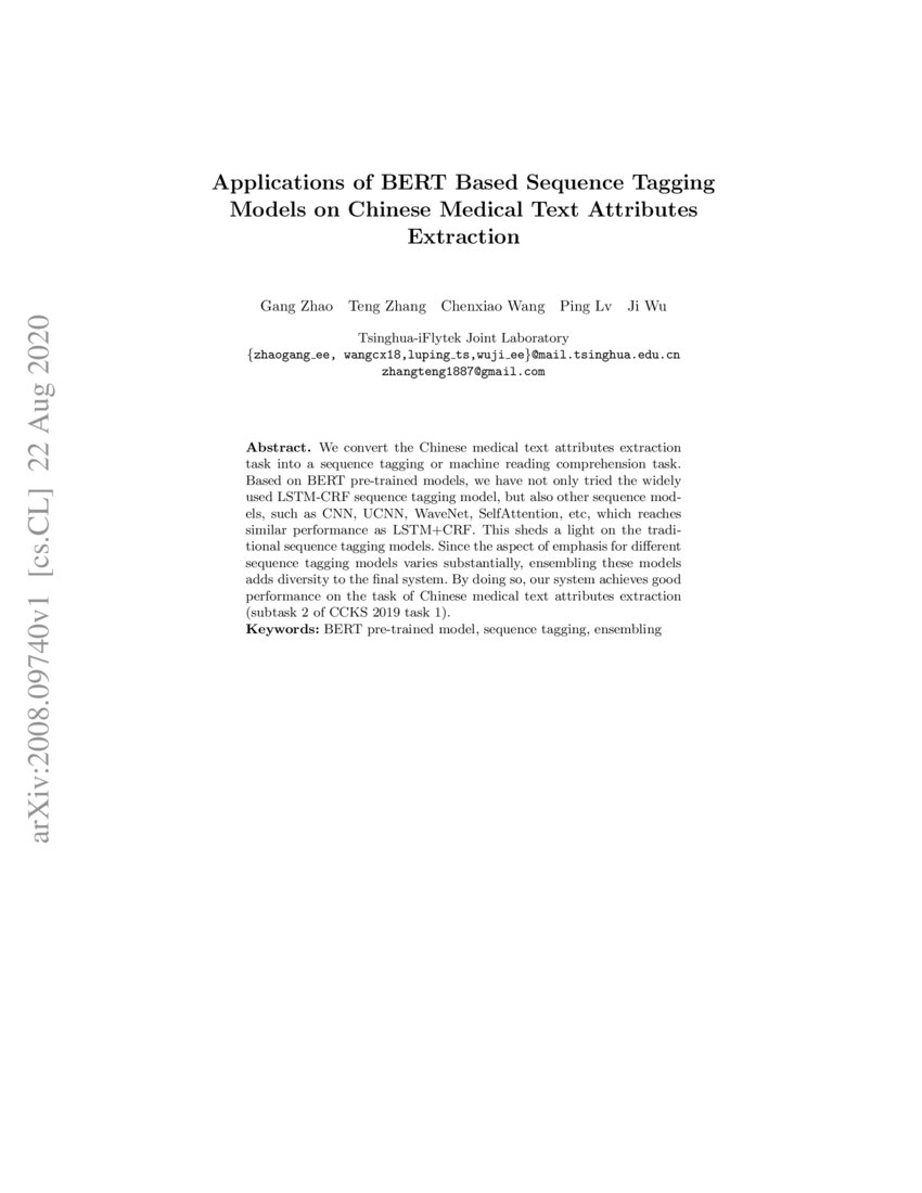 Applications Of Bert Based Sequence Tagging Models On Chinese Medical Text Attributes Extraction