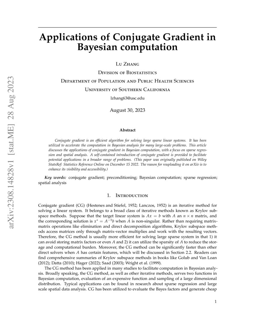 Applications Of Conjugate Gradient In Bayesian Computation Deepai 2106