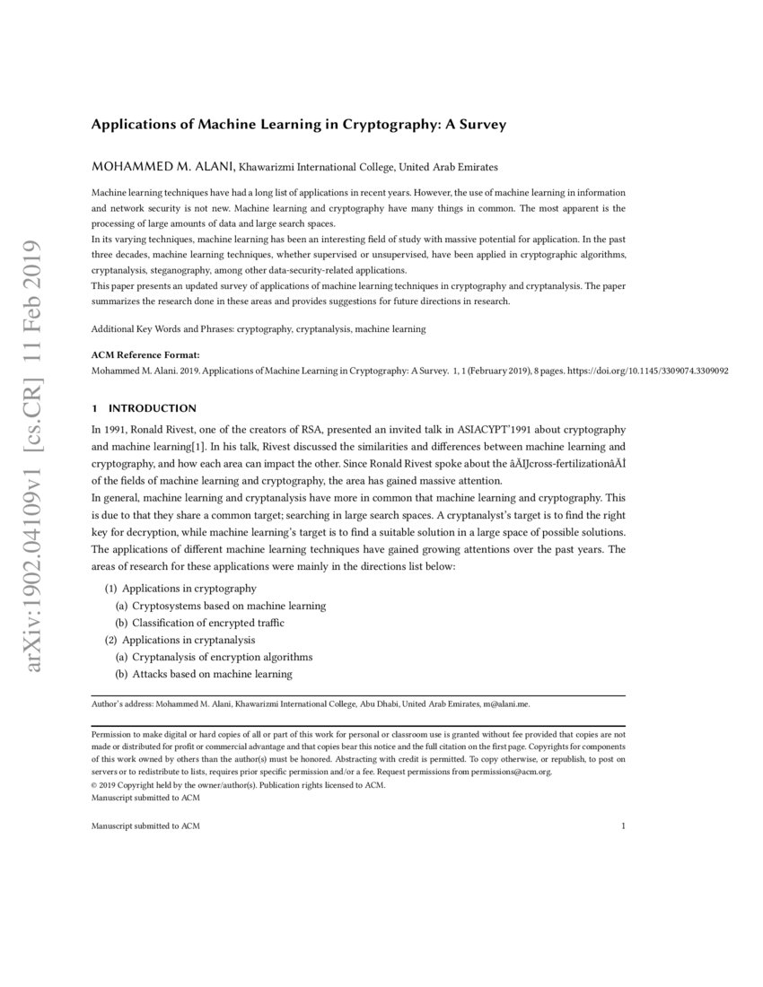Applications of Machine Learning in Cryptography: A Survey | DeepAI