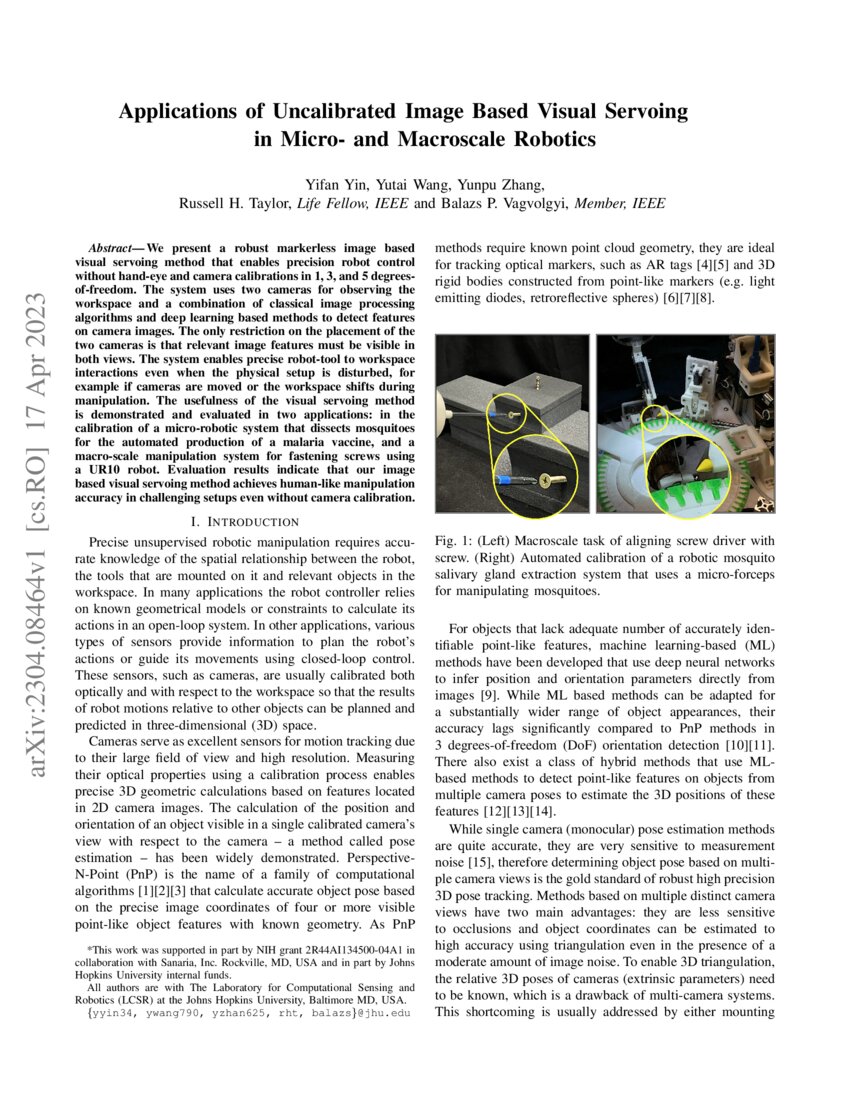 Applications Of Uncalibrated Image Based Visual Servoing In Micro And Macroscale Robotics Deepai