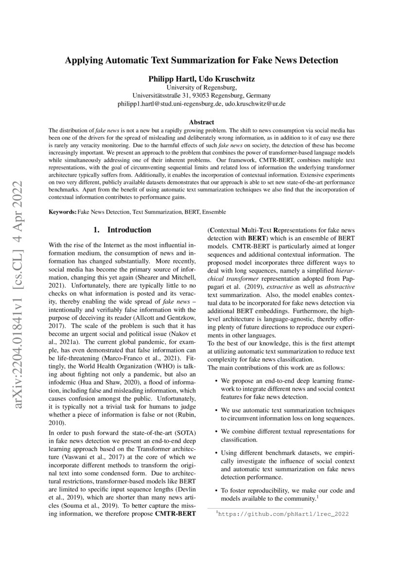 Applying Automatic Text Summarization For Fake News Detection Deepai 8755