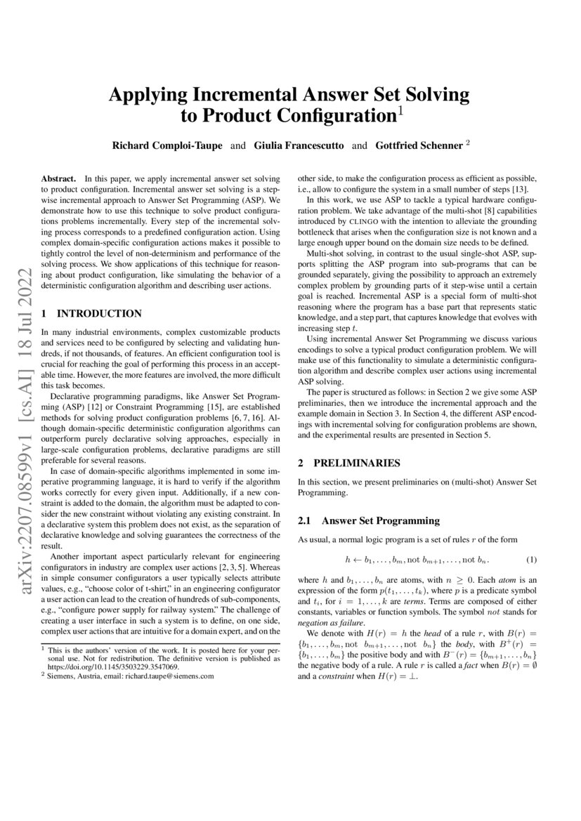 Applying Incremental Answer Set Solving to Product Configuration | DeepAI
