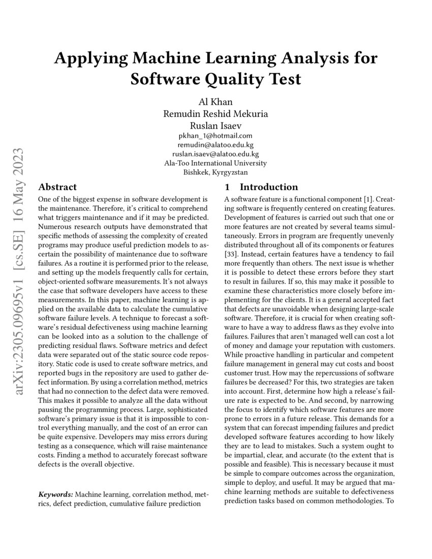 Applying Machine Learning Analysis for Software Quality Test | DeepAI