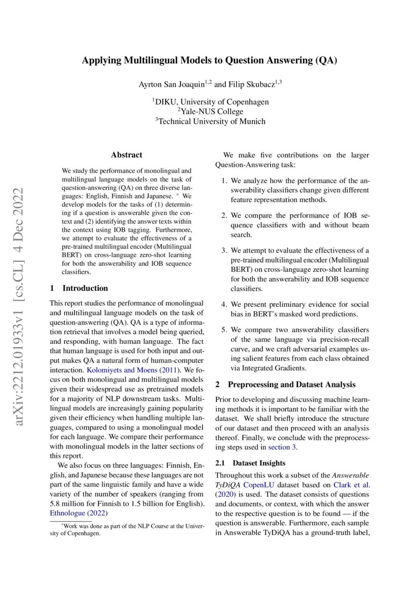 Applying Multilingual Models To Question Answering Qa Deepai