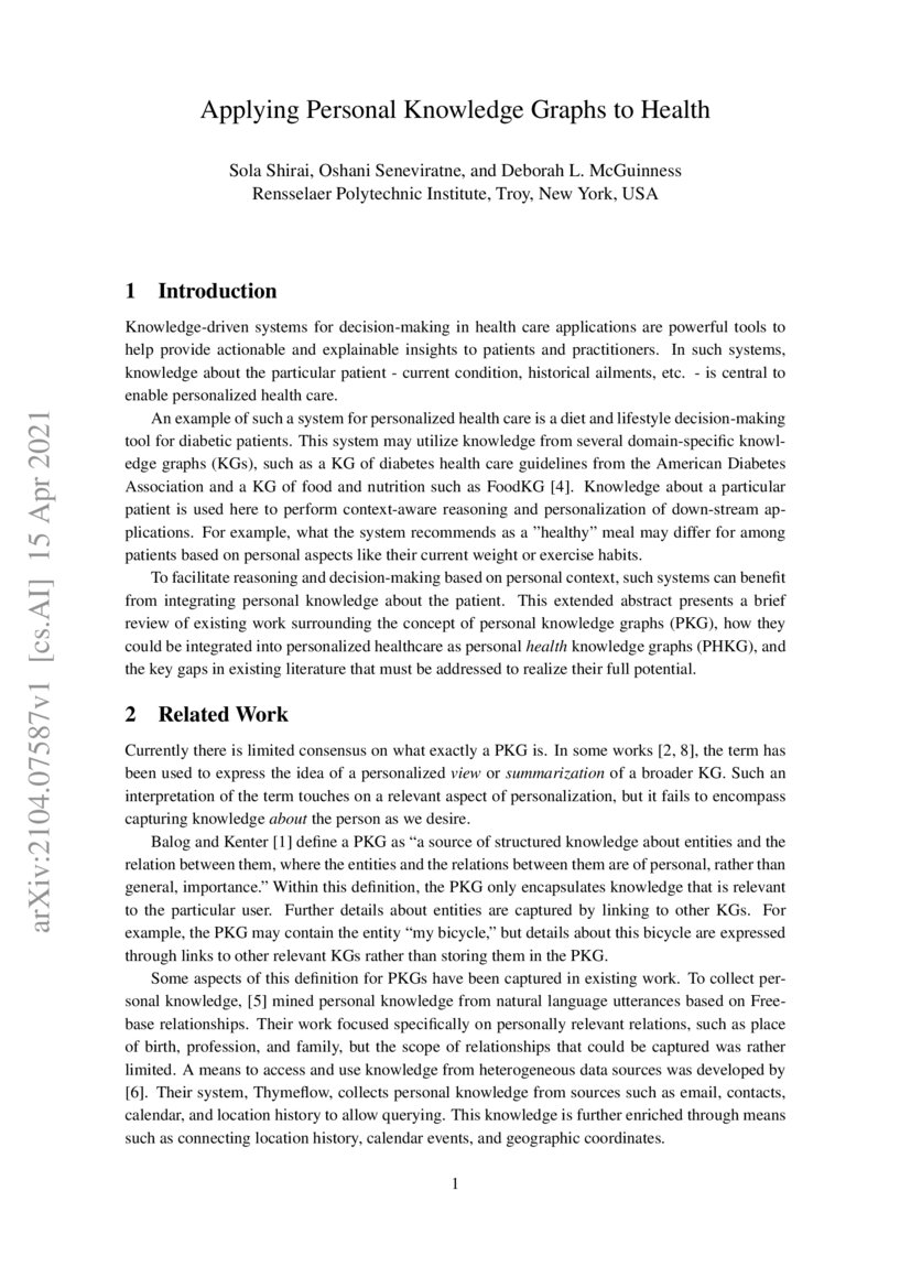 Applying Personal Knowledge Graphs to Health | DeepAI