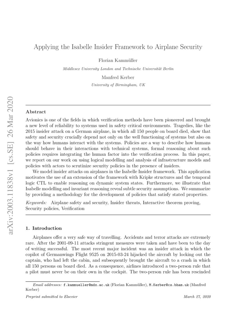 Applying the Isabelle Insider Framework to Airplane Security | DeepAI