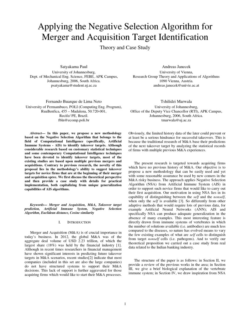 Applying The Negative Selection Algorithm For Merger And Acquisition Target Identification Deepai