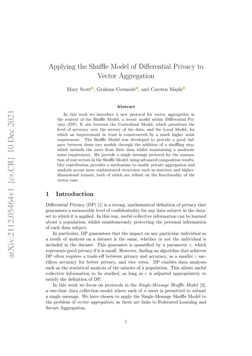 Applying The Shuffle Model Of Differential Privacy To Vector Aggregation Deepai