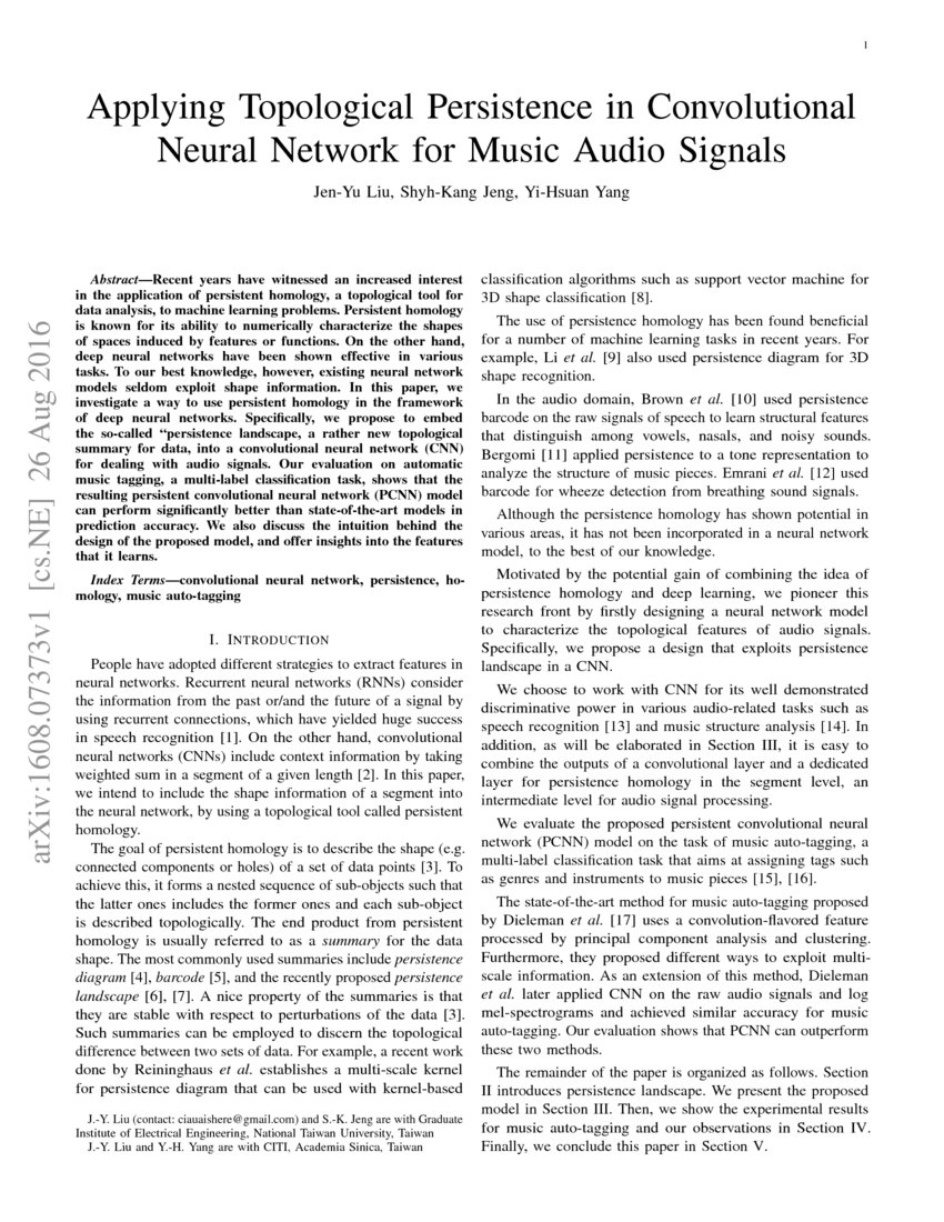 Applying Topological Persistence in Convolutional Neural Network for Music Audio Signals | DeepAI