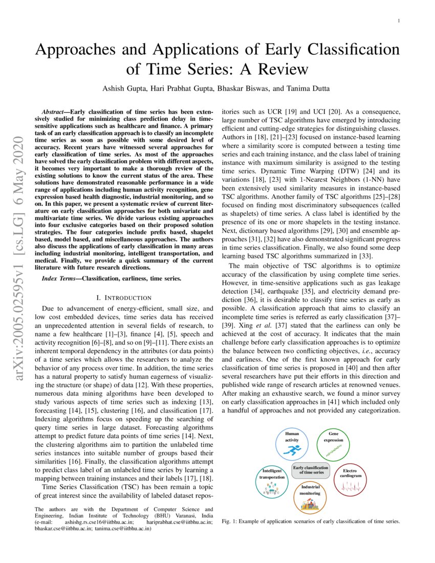 Approaches and Applications of Early Classification of Time Series: A ...