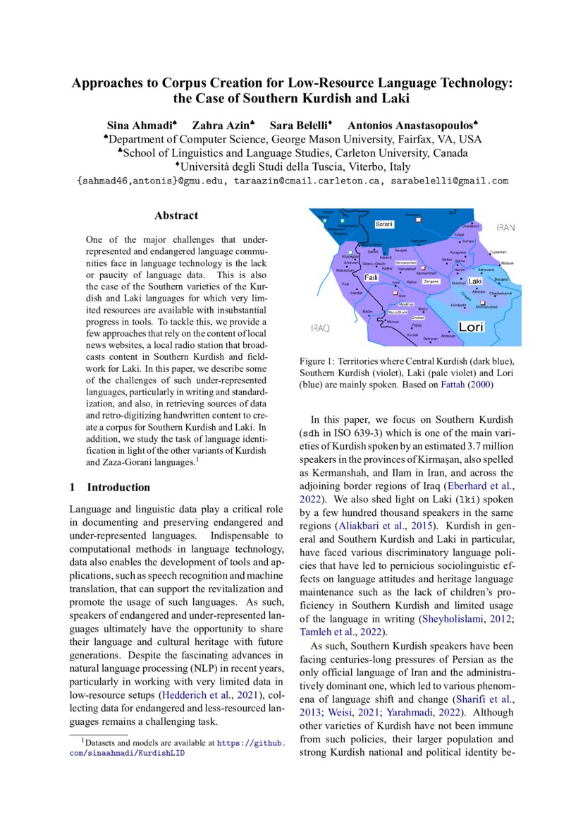 Approaches to Corpus Creation for Low-Resource Language Technology: the Case of Southern Kurdish ...