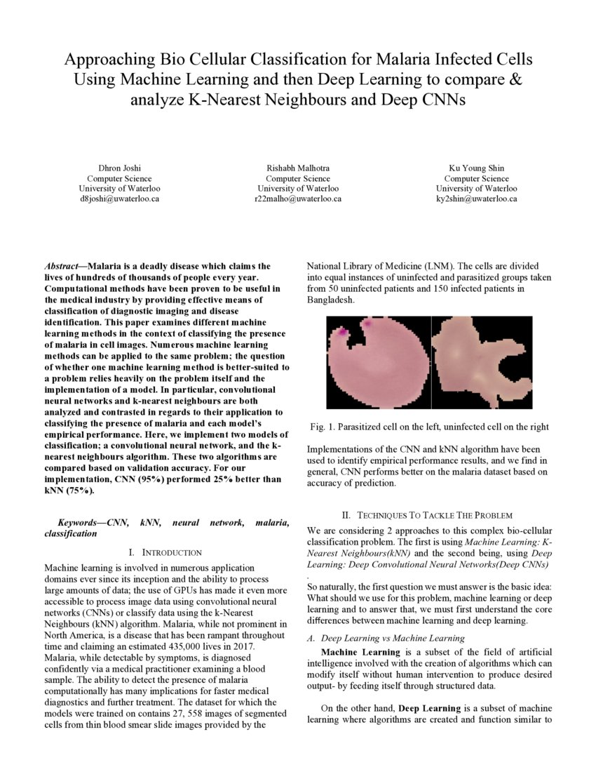 Approaching Bio Cellular Classification for Malaria Infected Cells Using Machine Learning and ...