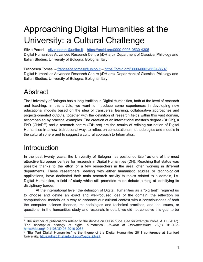 Approaching Digital Humanities at the University: a Cultural Challenge ...