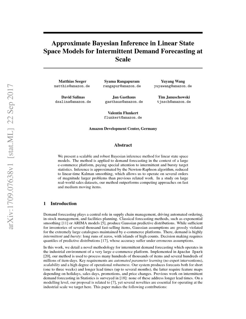 Approximate Bayesian Inference In Linear State Space Models For Intermittent Demand Forecasting 