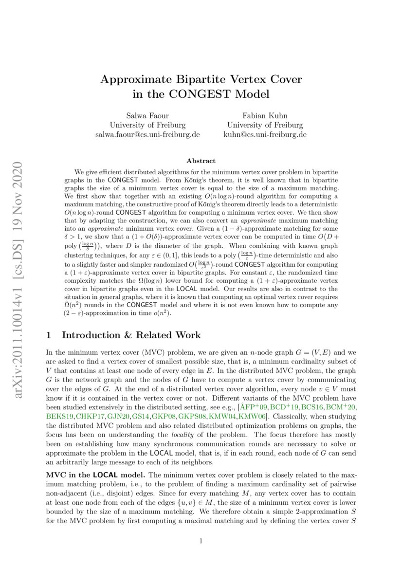 Approximate Bipartite Vertex Cover In The Congest Model Deepai