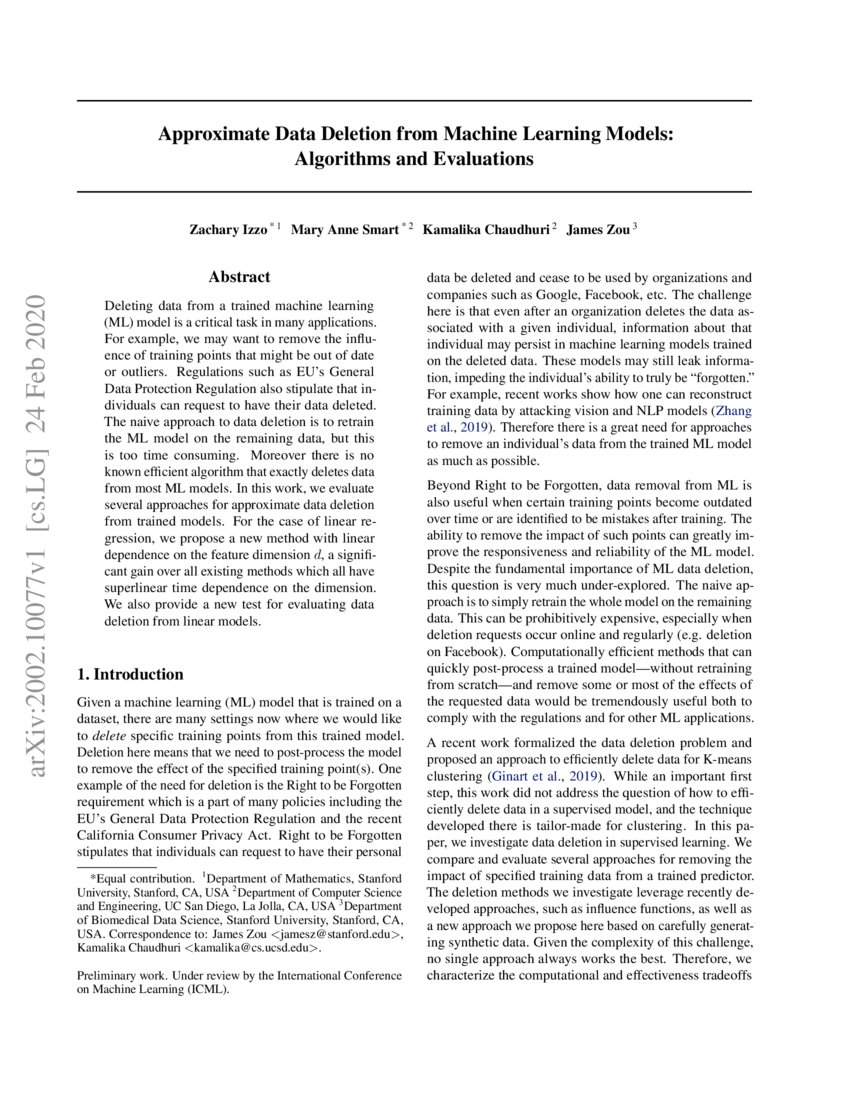 Approximate Data Deletion From Machine Learning Models Algorithms And Evaluations Deepai