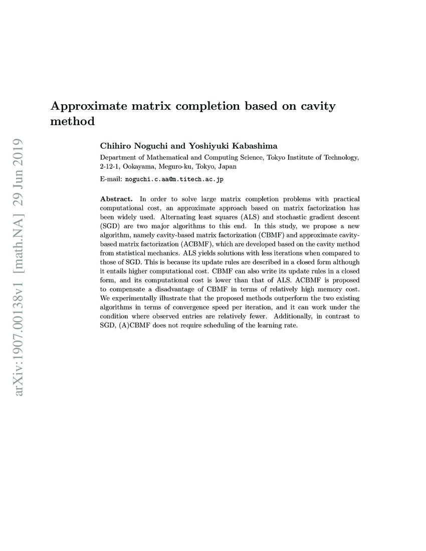 Approximate matrix completion based on cavity method | DeepAI
