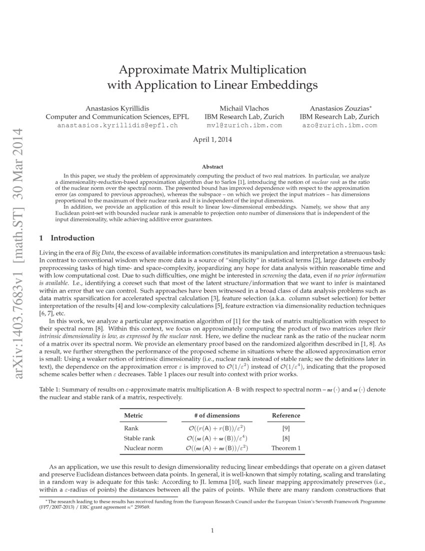 Approximate Matrix Multiplication With Application To Linear Embeddings Deepai
