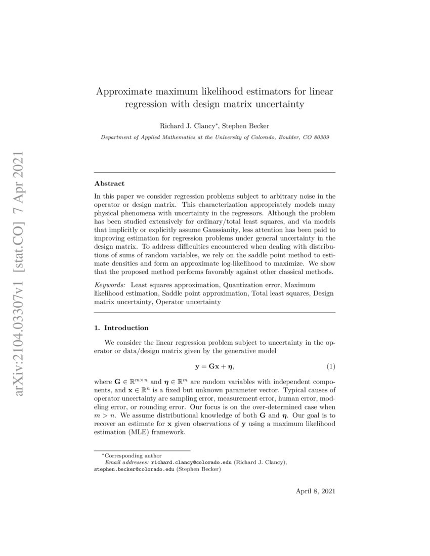 Approximate maximum likelihood estimators for linear regression with design matrix uncertainty ...