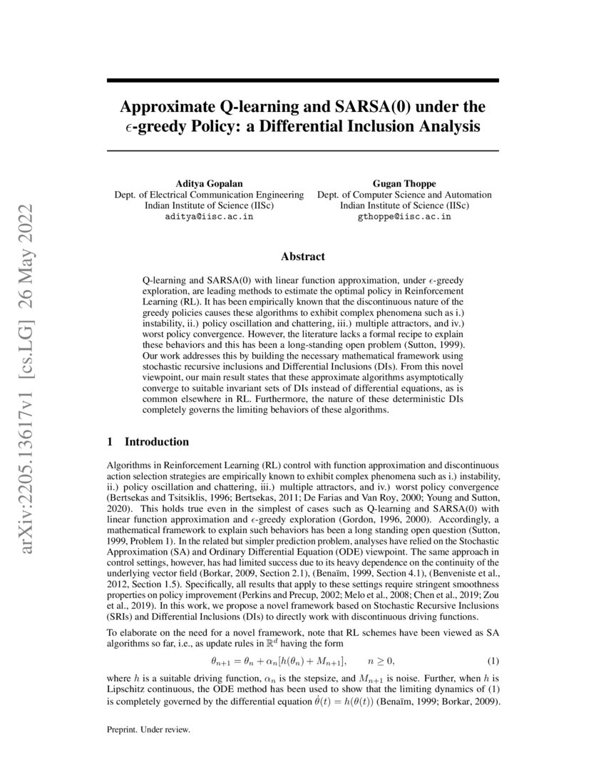 Approximate Q-learning and SARSA(0) under the ε-greedy Policy: a ...