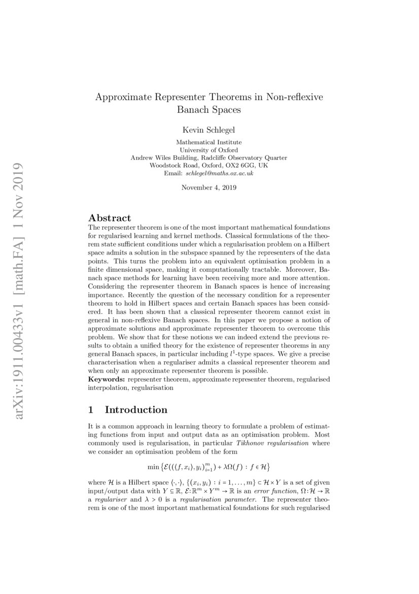 Approximate Representer Theorems in Non-reflexive Banach Spaces | DeepAI