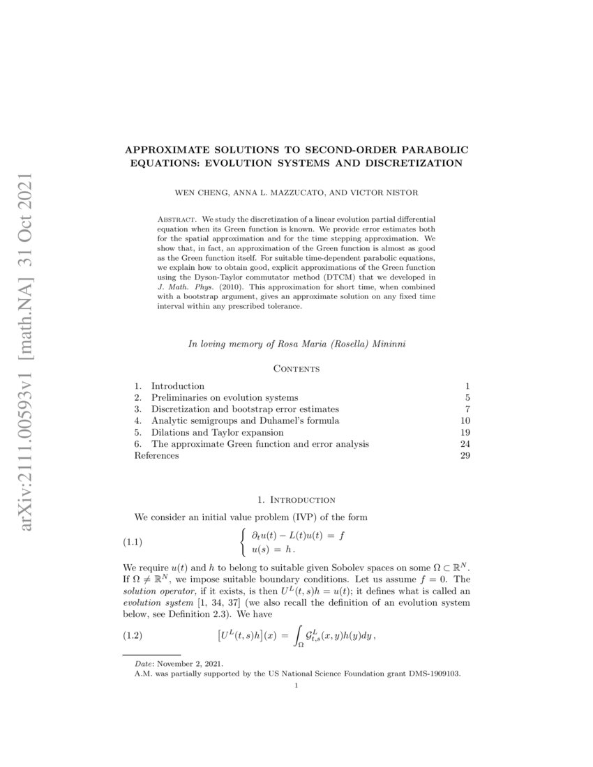 Approximate Solutions To Second Order Parabolic Equations Evolution Systems And Discretization