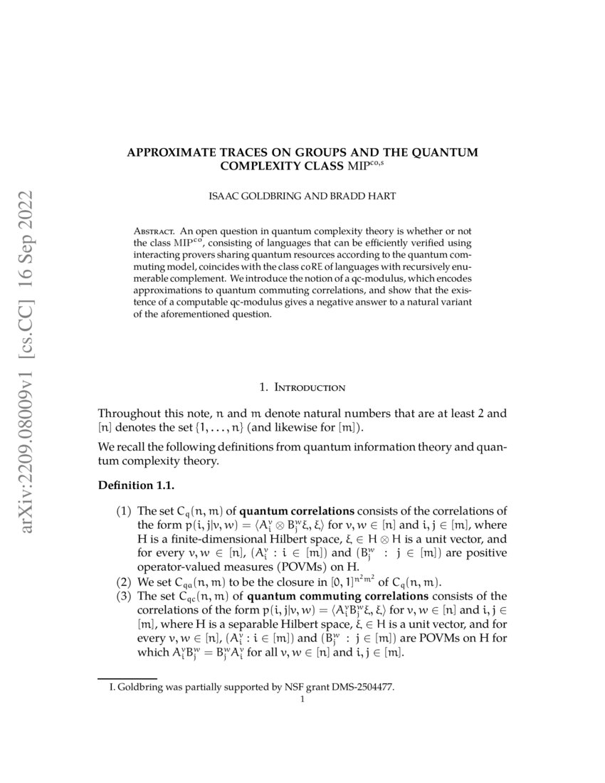 Approximate traces on groups and the quantum complexity class MIP^co,s | DeepAI