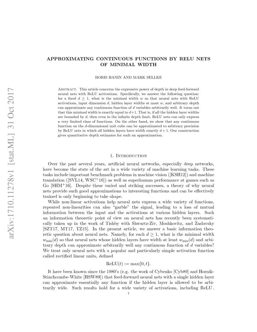 Approximating Continuous Functions by ReLU Nets of Minimal Width | DeepAI