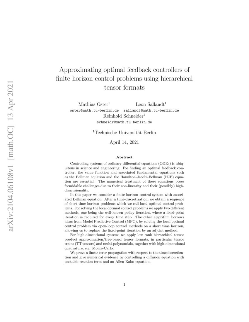 Approximating Optimal Feedback Controllers Of Finite Horizon Control Problems Using Hierarchical