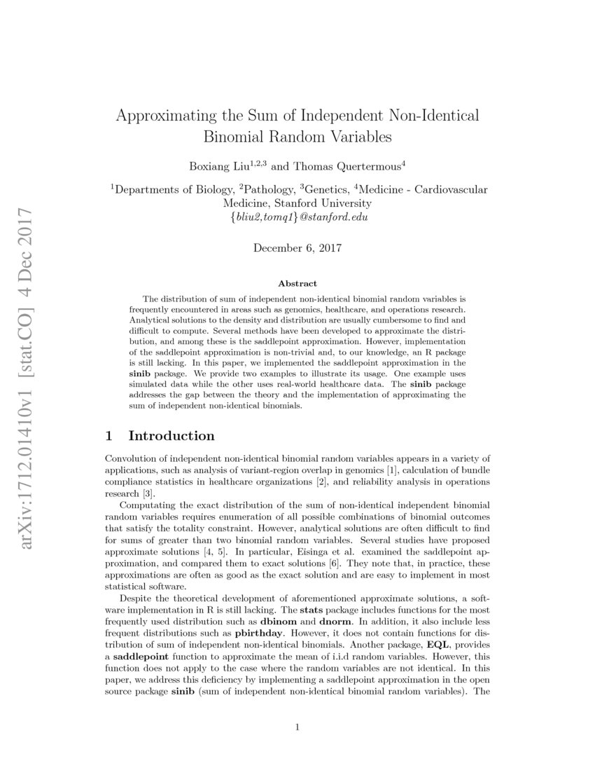 Approximating The Sum Of Independent Non Identical Binomial Random Variables Deepai