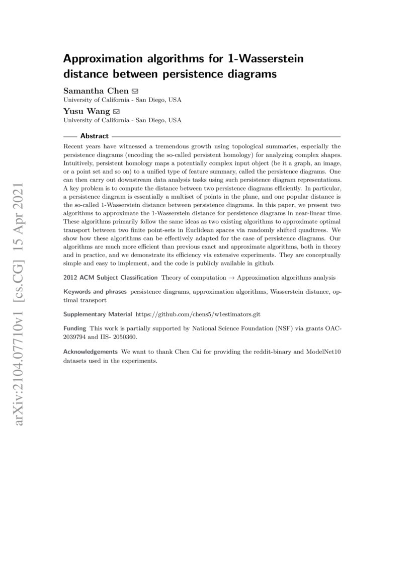 Approximation algorithms for 1-Wasserstein distance between persistence diagrams | DeepAI