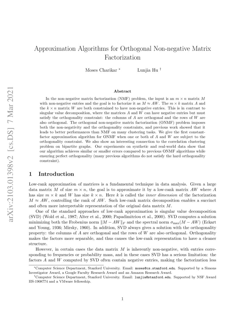 Approximation Algorithms For Orthogonal Non Negative Matrix