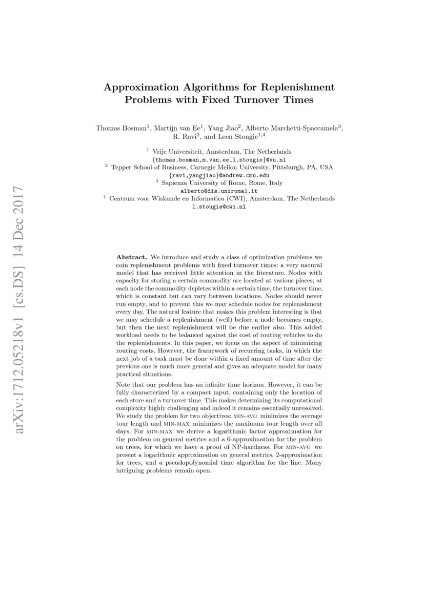 Approximation Algorithms for Replenishment Problems with Fixed Turnover Times | DeepAI