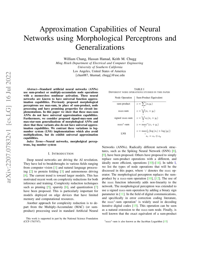 Approximation Capabilities Of Neural Networks Using Morphological Perceptrons And