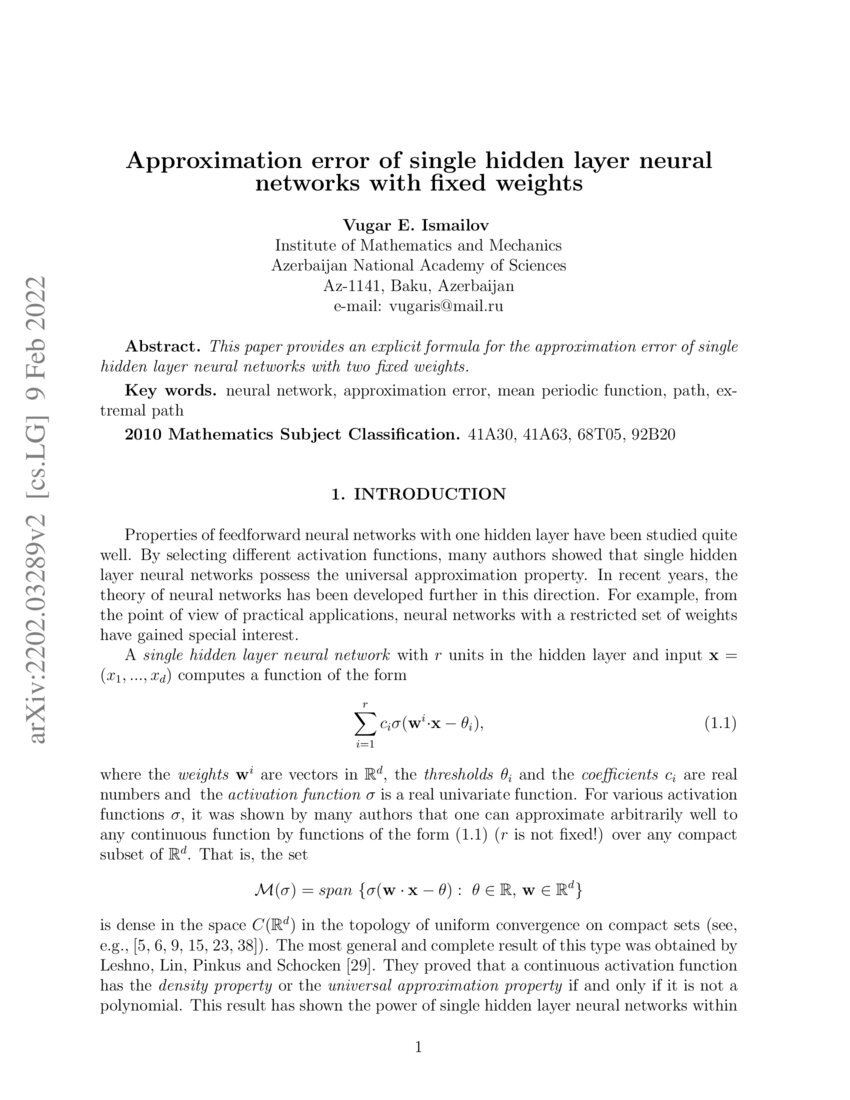 Approximation error of single hidden layer neural networks with fixed weights | DeepAI