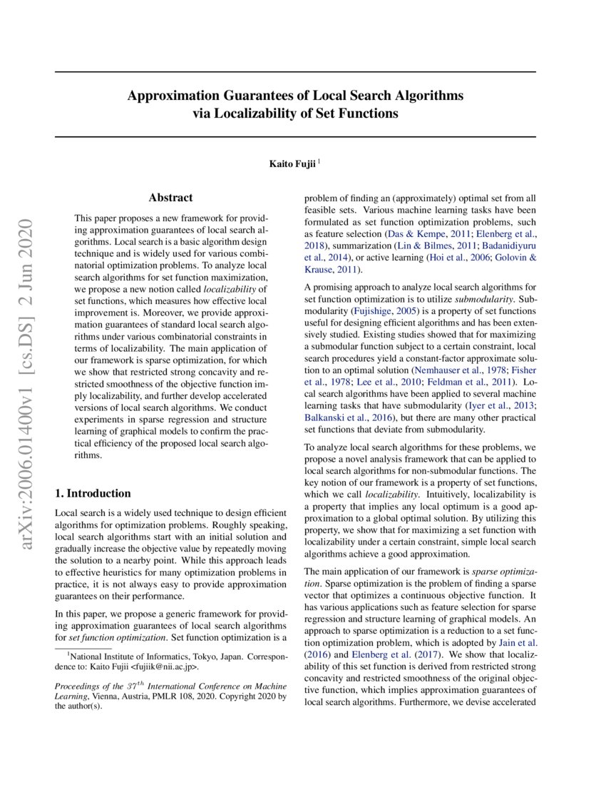 Approximation Guarantees Of Local Search Algorithms Via Localizability Of Set Functions Deepai