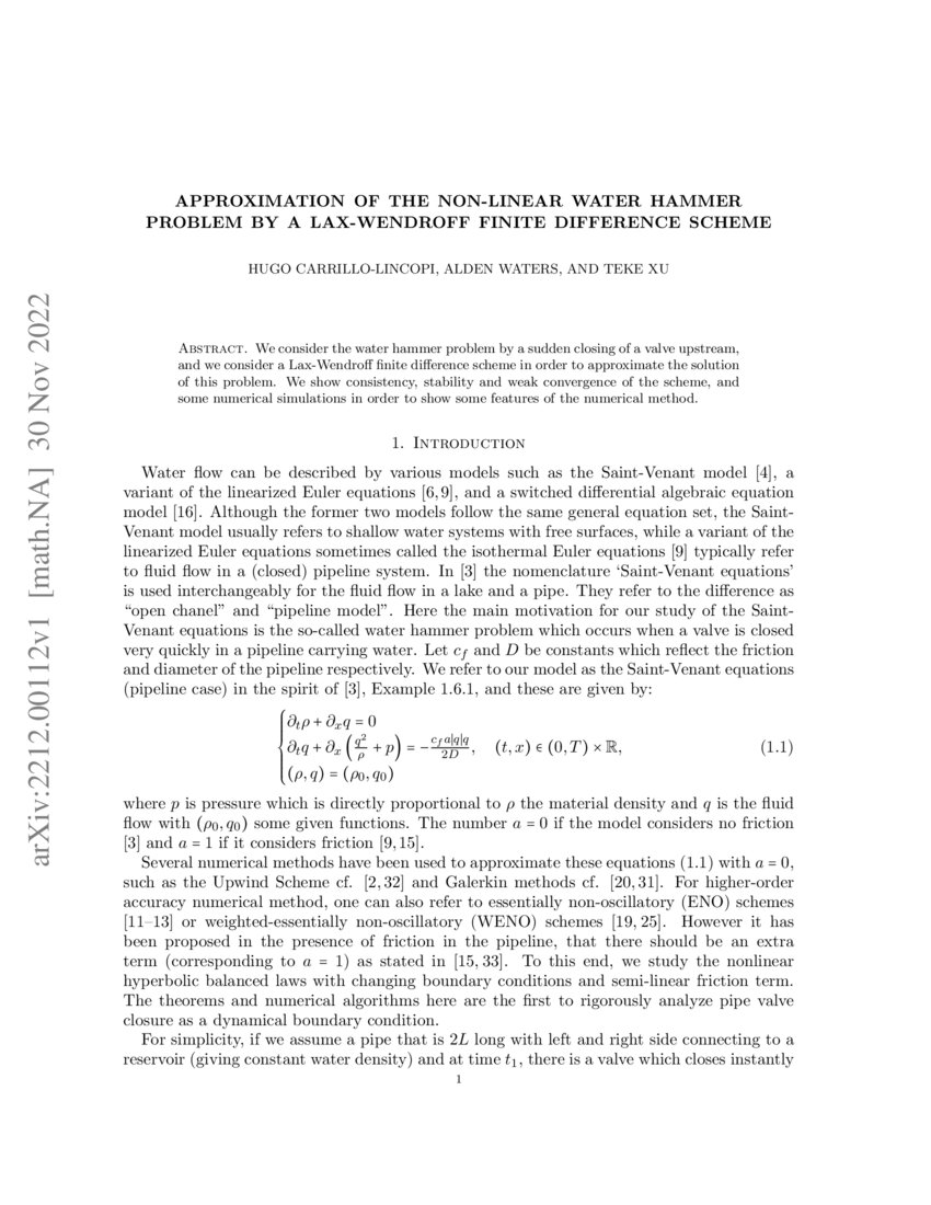 Approximation Of The Non Linear Water Hammer Problem By A Lax Wendroff