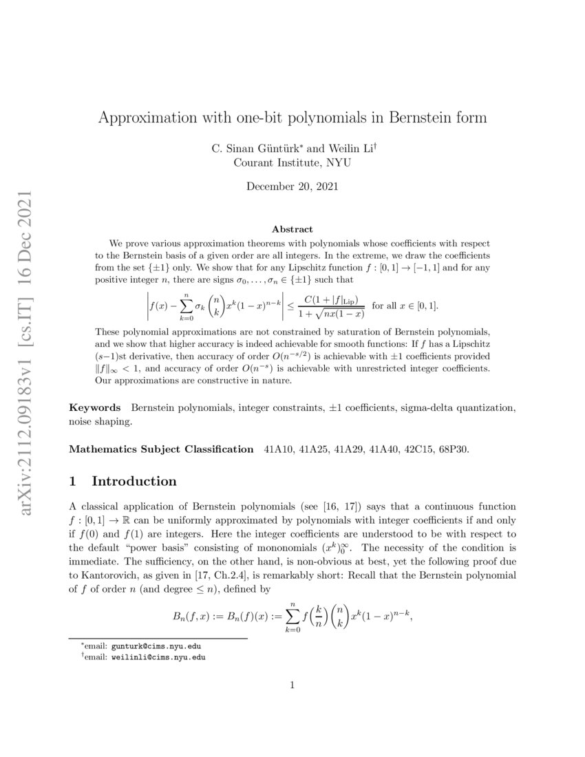 Approximation With One Bit Polynomials In Bernstein Form Deepai