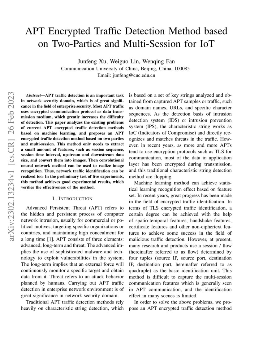 Apt Encrypted Traffic Detection Method Based On Two Parties And Multi