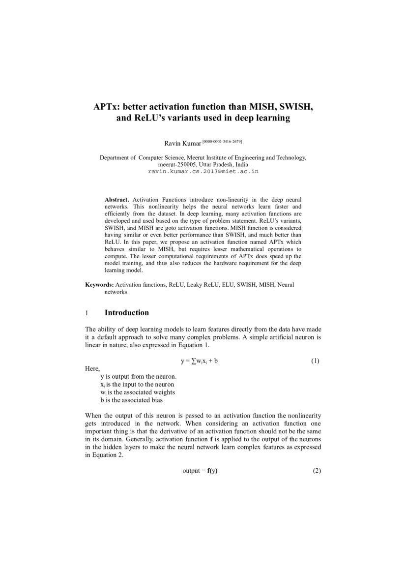 APTx: better activation function than MISH, SWISH, and ReLU's variants ...