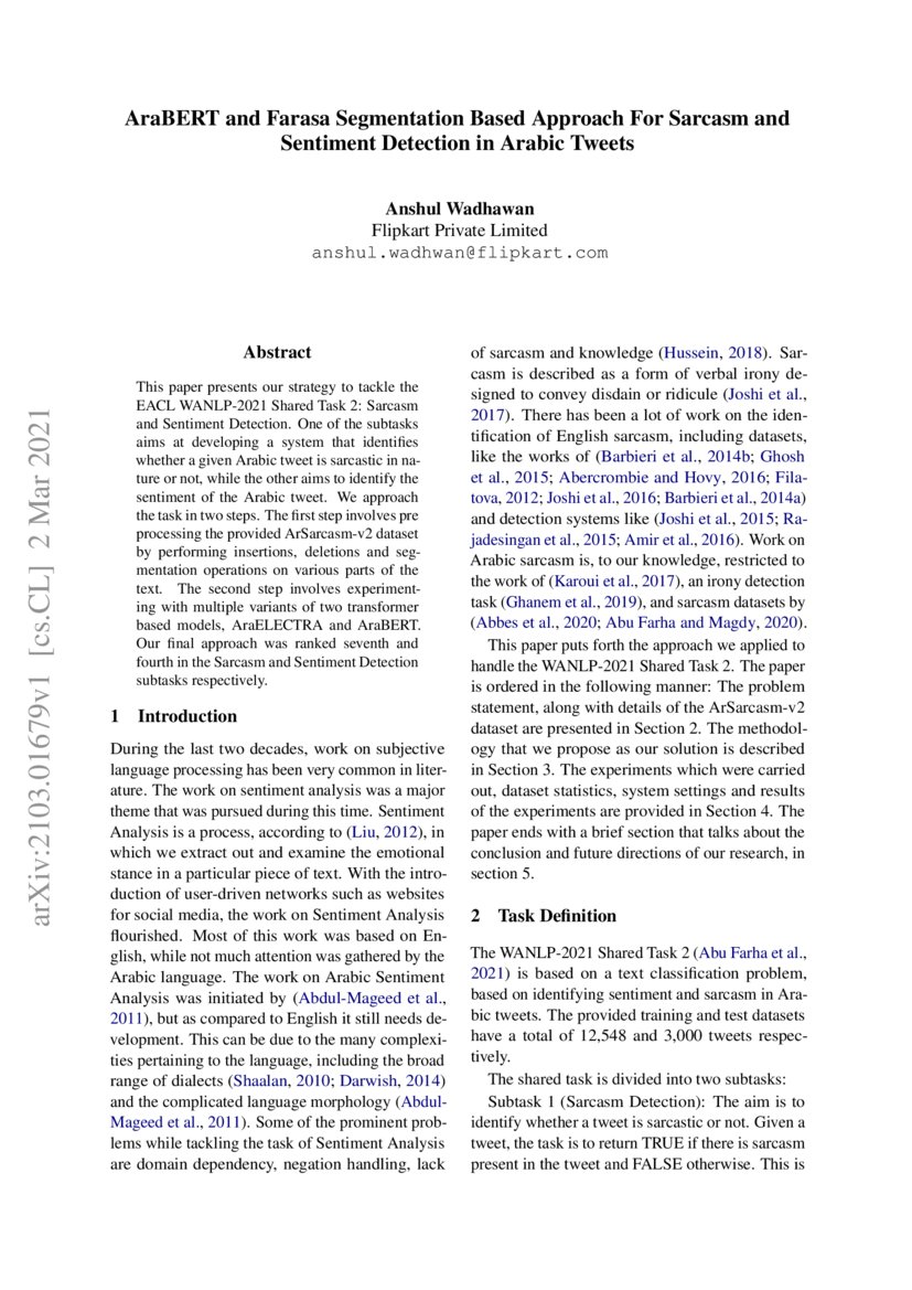 AraBERT and Farasa Segmentation Based Approach For Sarcasm and ...