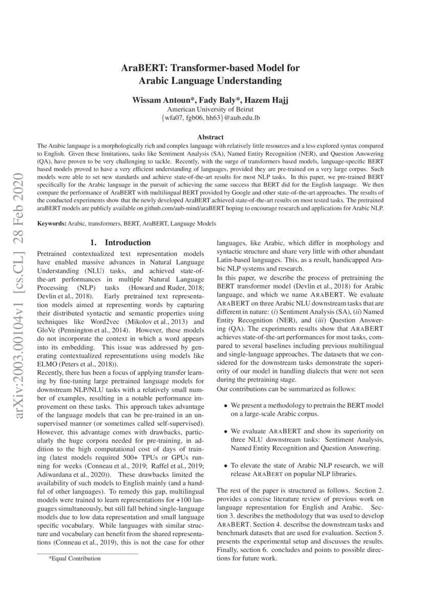 AraBERT: Transformer-based Model for Arabic Language Understanding | DeepAI