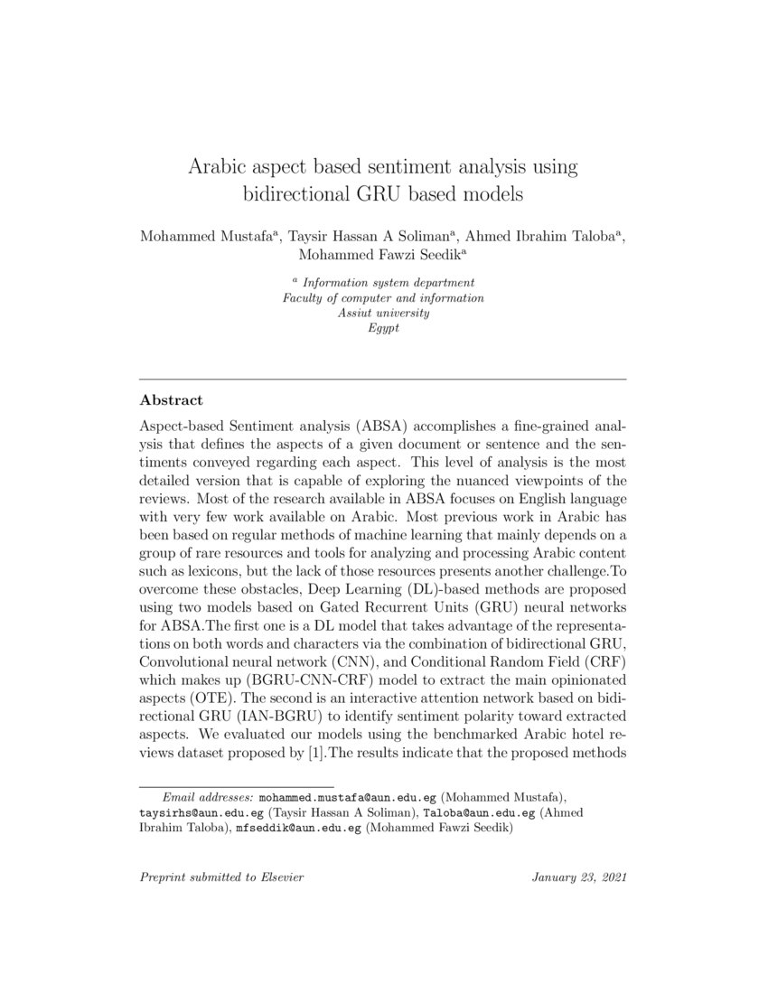 Arabic aspect based sentiment analysis using bidirectional GRU based ... Arabic aspect based sentiment analysis using bidirectional GRU based ...