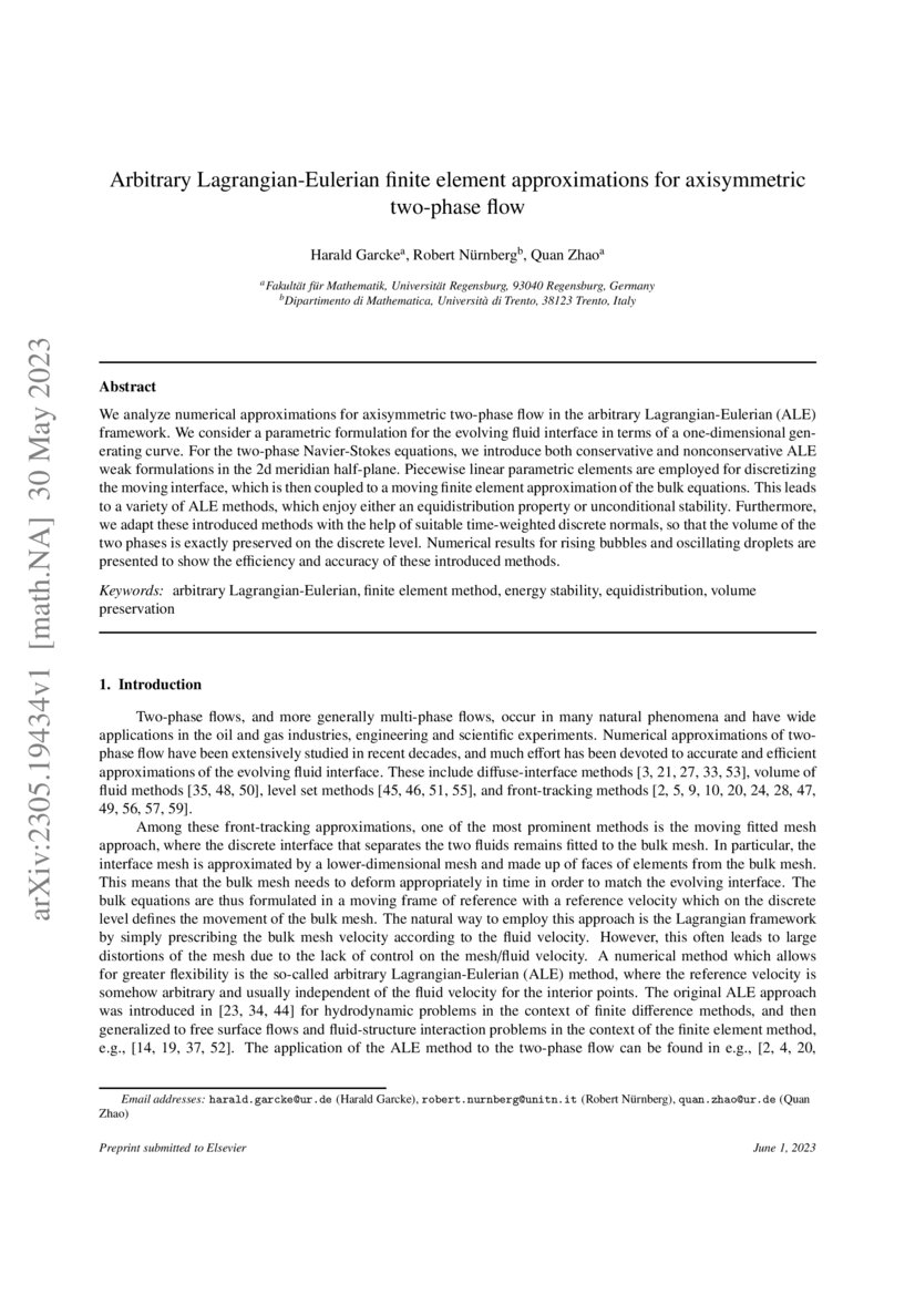 Arbitrary Lagrangian Eulerian Finite Element Approximations For 1606