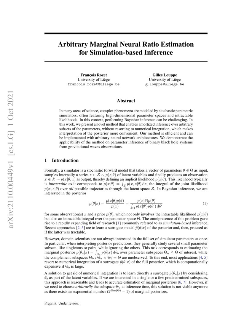 Arbitrary Marginal Neural Ratio Estimation For Simulation Based Inference Deepai 