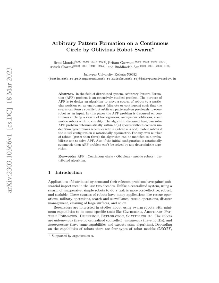 Arbitrary Pattern Formation on a Continuous Circle by Oblivious Robot Swarm | DeepAI
